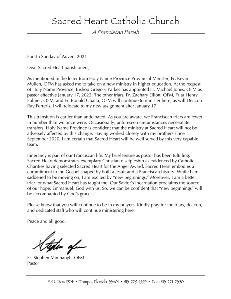 Fr. Stephen’s Final Letter to Parishioners | Sacred Heart Catholic Church